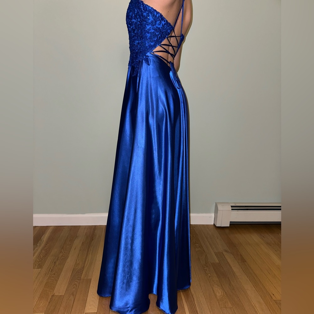 Royal Blue 00 Satin Prom Dress With Corset Tie Gem
